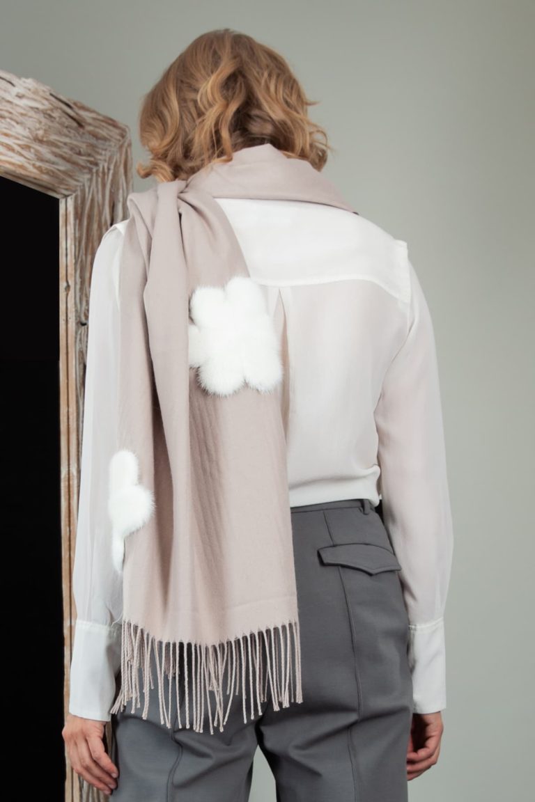 Beige Cashmere Scarf With Mink Fur Flower Decoration | Handmade by NordFur