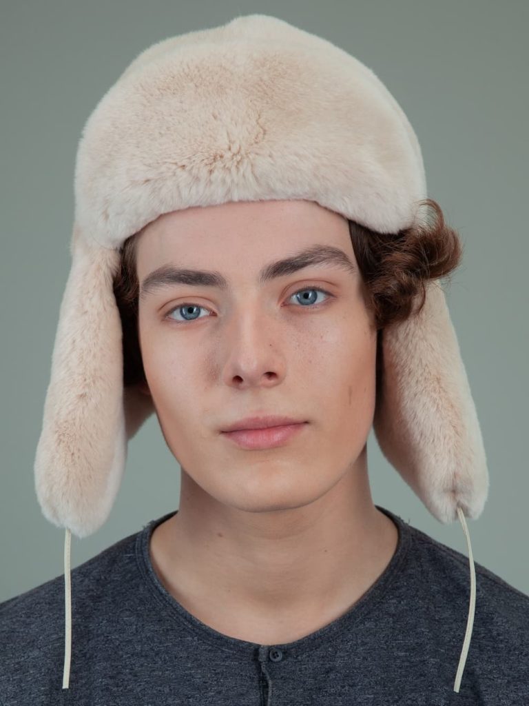Beige Rex Rabbit Full Fur Hat With Ear Flaps | Handmade by NordFur