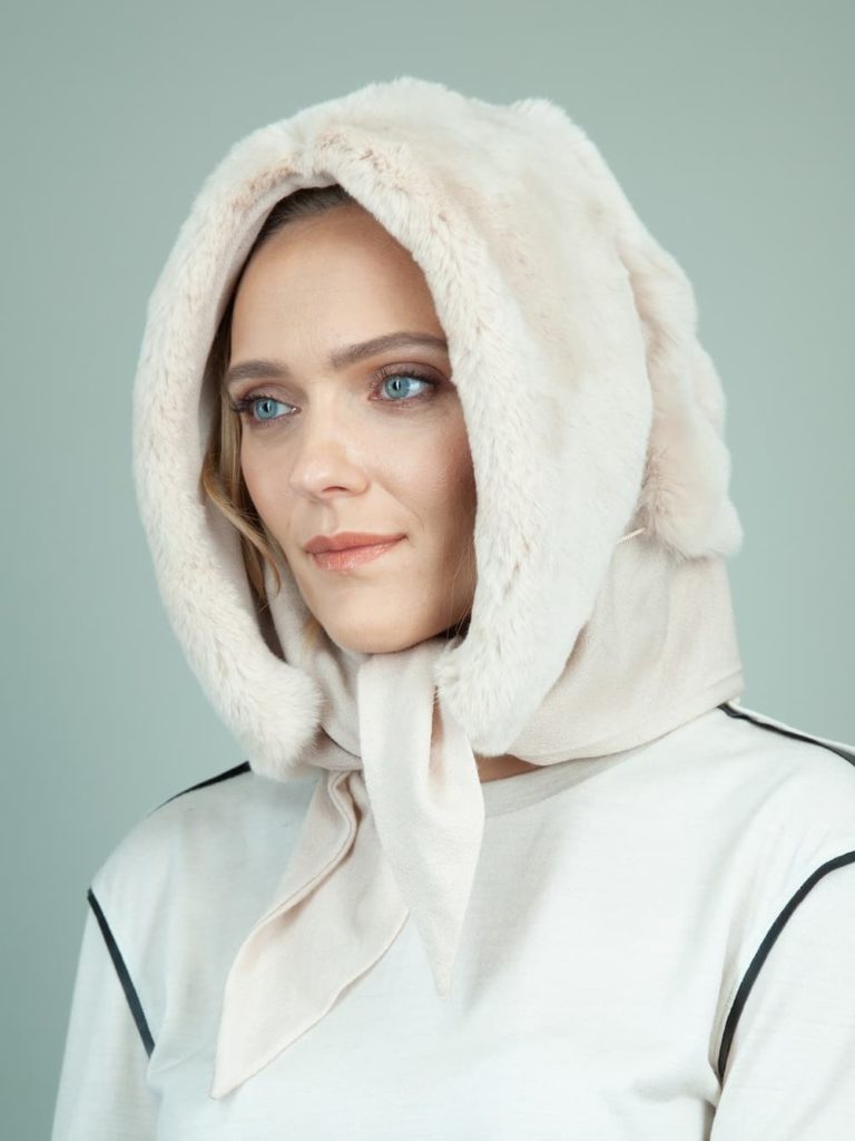 Beige Rex Rabbit Fur Hooded Scarf with Cashmere Lining | Handmade by ...