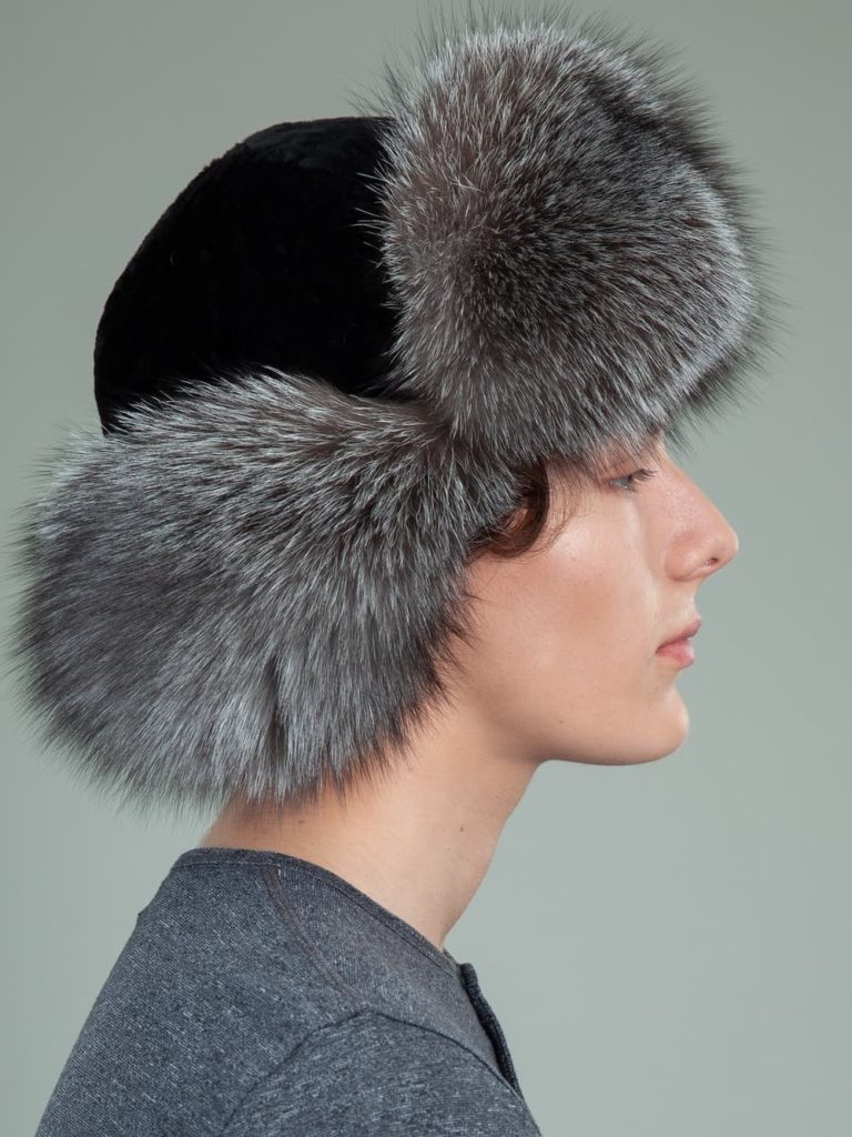 Black Sheepskin & Natural Silver Fox Fur Trapper Hat | Handmade by NordFur