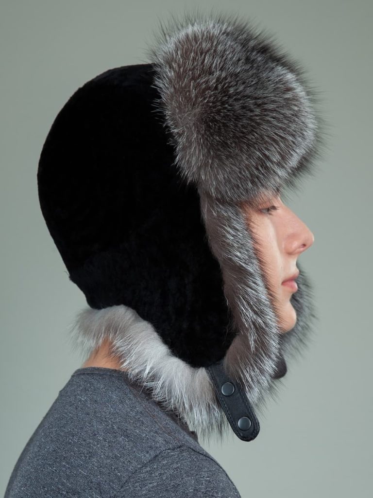 Black Sheepskin & Natural Silver Fox Fur Trapper Hat | Handmade by NordFur