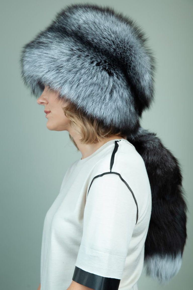 Round Natural Silver Fox Fur Hat with Detachable Tail | Handmade by NordFur