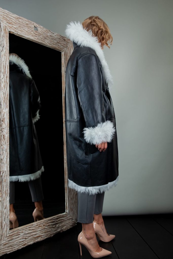 White Fur-Lined & Black Leather Sheepskin Coat | Handmade by NordFur