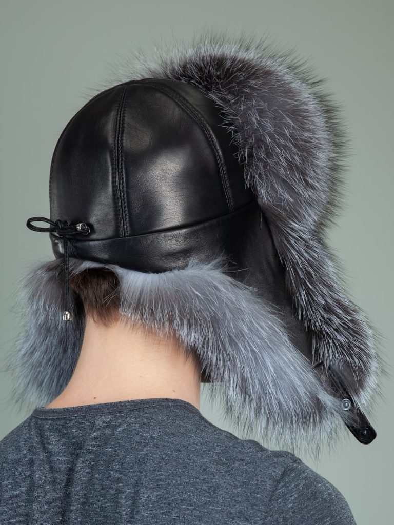 Leather & Silver Fox Fur Trapper Hat With Ear Flaps | Handmade by NordFur
