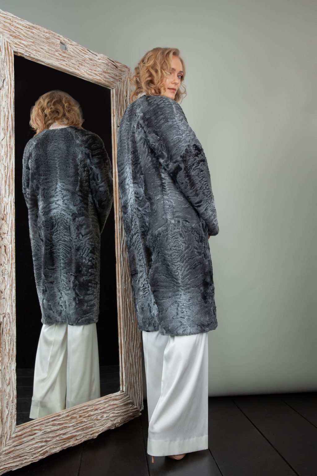 Gray Astrakhan Karakul Fur Coat with Fox Collar | NordFur