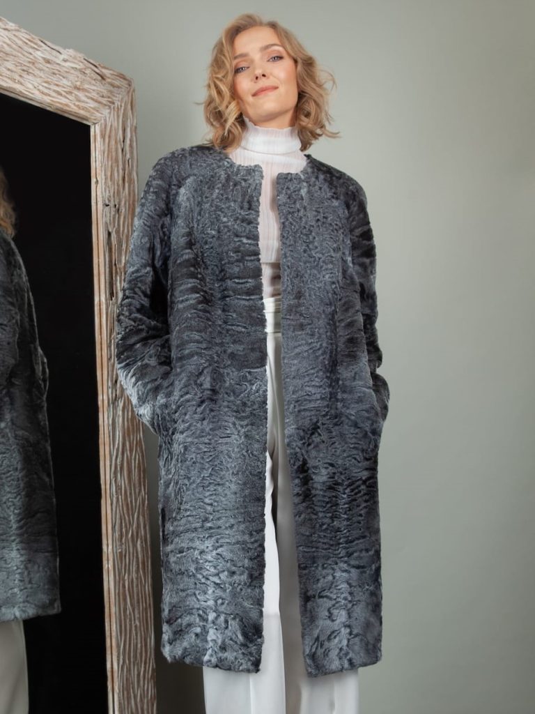 Gray Astrakhan Karakul Fur Coat with Fox Collar | NordFur