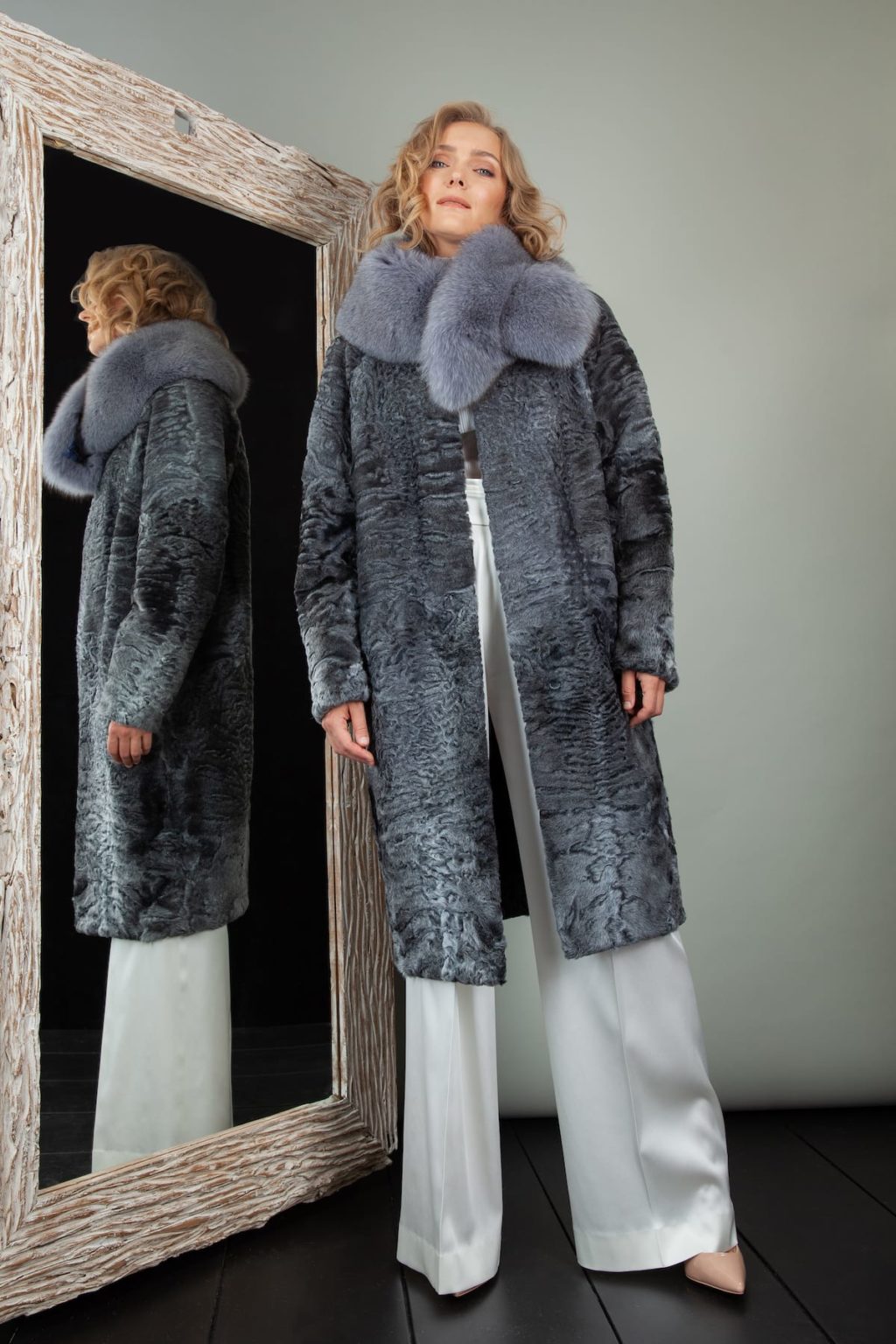 Gray Astrakhan Karakul Fur Coat with Fox Collar | NordFur