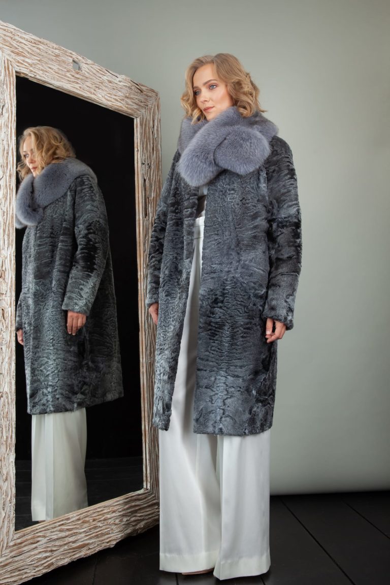 Gray Astrakhan Karakul Fur Coat with Fox Collar | NordFur