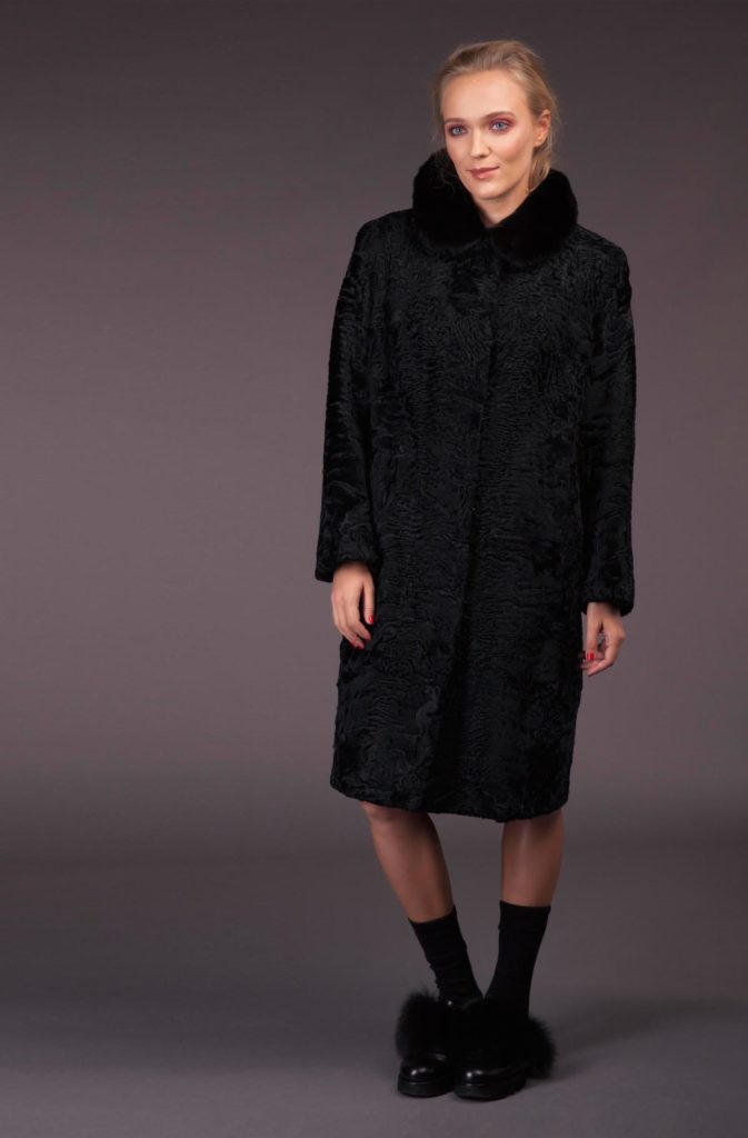 Black Astrakhan Karakul Fur Coat with Mink Fur Collar | Handmade by NordFur