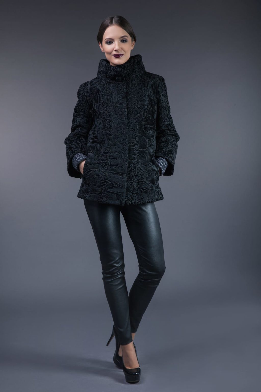 Black Karakul Fur Jacket with Round Collar | Handmade by NordFur