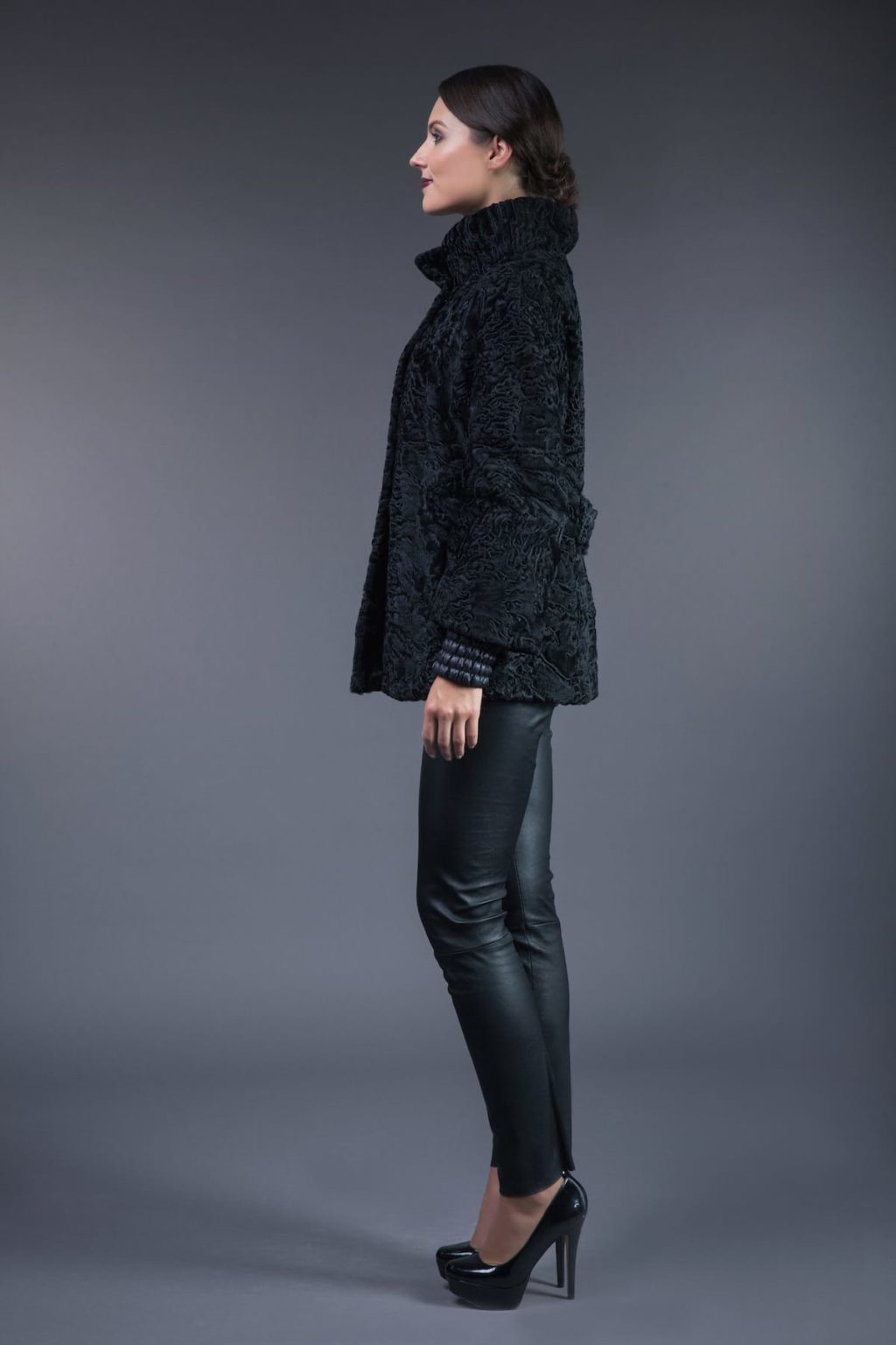 Black Karakul Fur Jacket with Round Collar | Handmade by NordFur