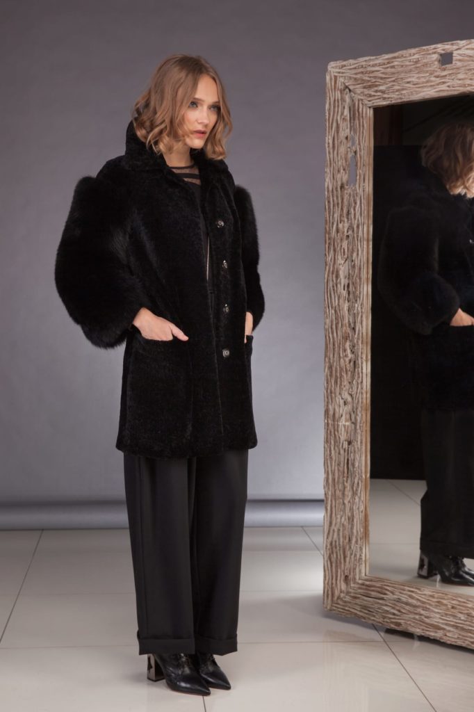Black Mouton Jacket with Fox Fur Sleeves | Handmade by NordFur