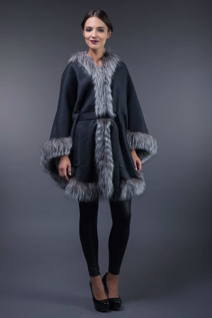 Gray Cashmere Cape with Silver Fox Fur Trim | Handmade by NordFur