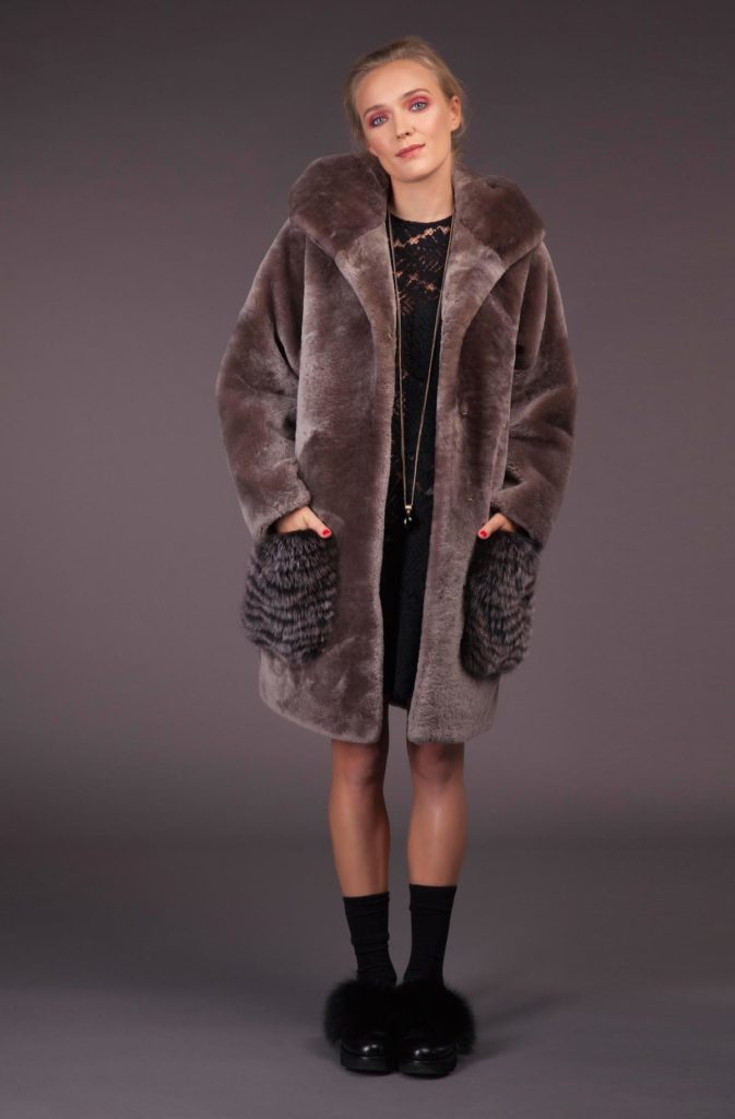 Gray Mouton Sheepskin Coat with Hood & Fox Pockets | Handmade by NordFur