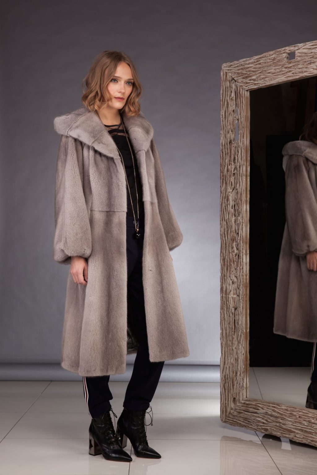 Natural Silver Velvet Mink Fur Cliché Coat with Hood | Handmade by NordFur