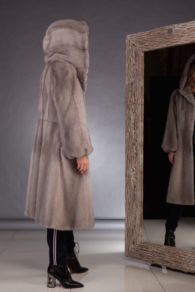 Natural Silver Velvet Mink Fur Cliché Coat with Hood | Handmade by NordFur
