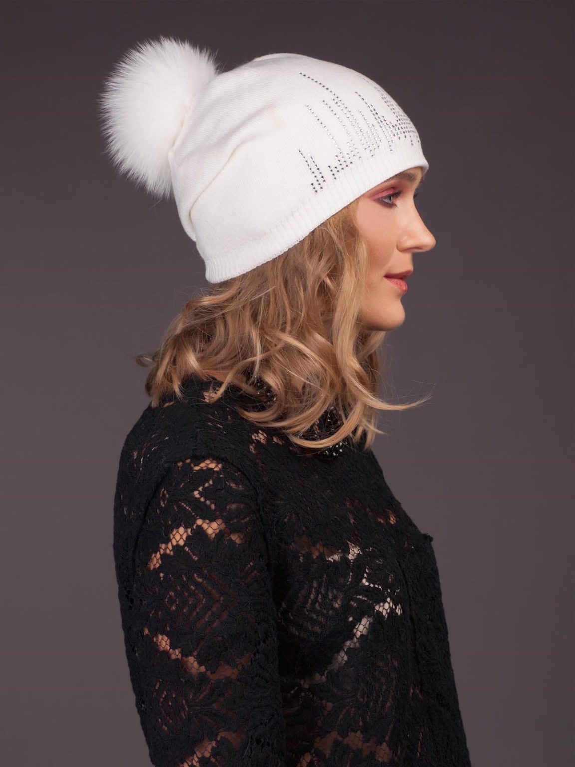 White Cashmere Hat With Natural Fox Fur Pom Pom | Handmade by NordFur