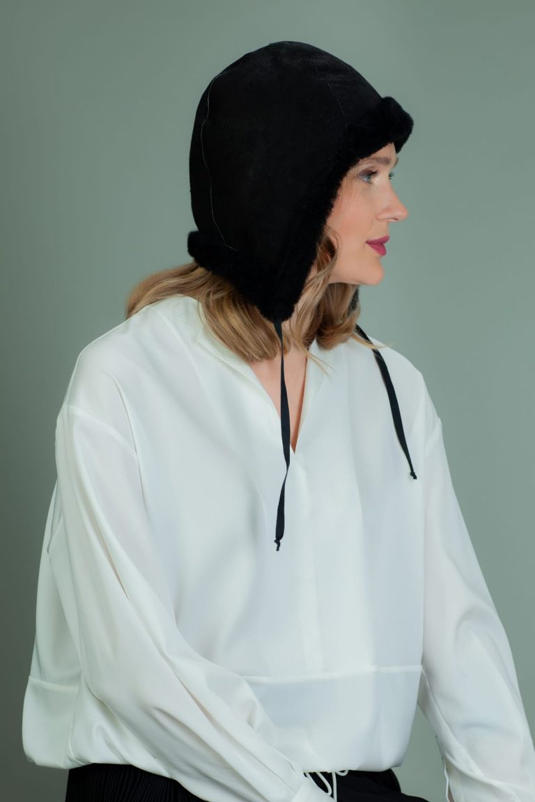 Fur-Lined Black Shearling Helmet Hat | Handmade by NordFur