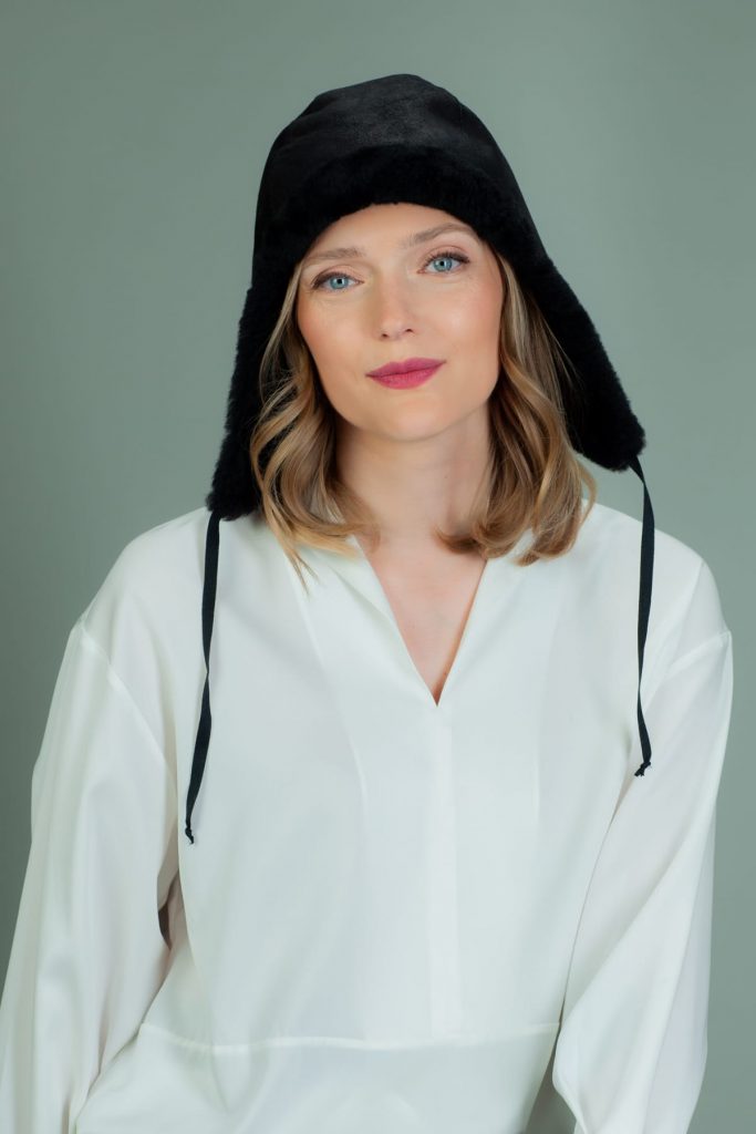 Fur-Lined Black Shearling Helmet Hat | Handmade by NordFur