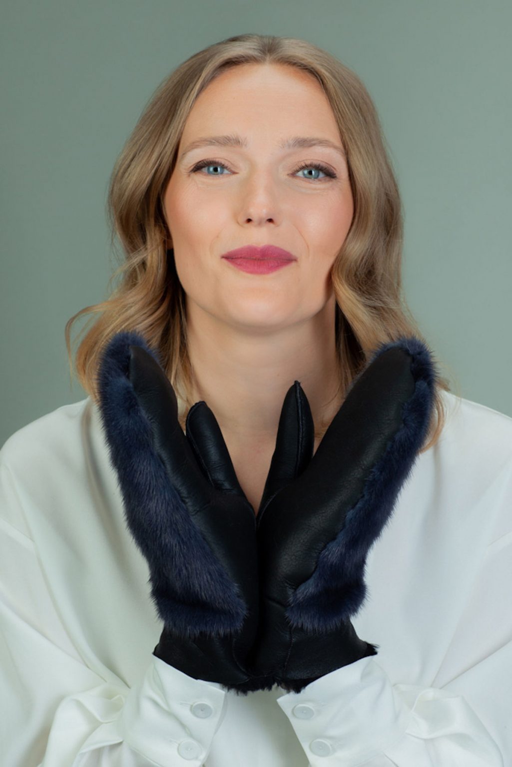 Dark Blue Sheepskin & Mink Fur Mittens for Women | Handmade by NordFur