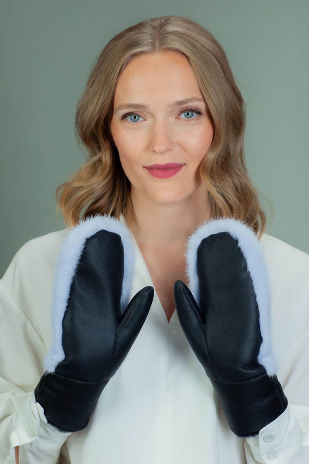 Light Blue Sheepskin & Mink Fur Mittens for Women | Handmade by NordFur