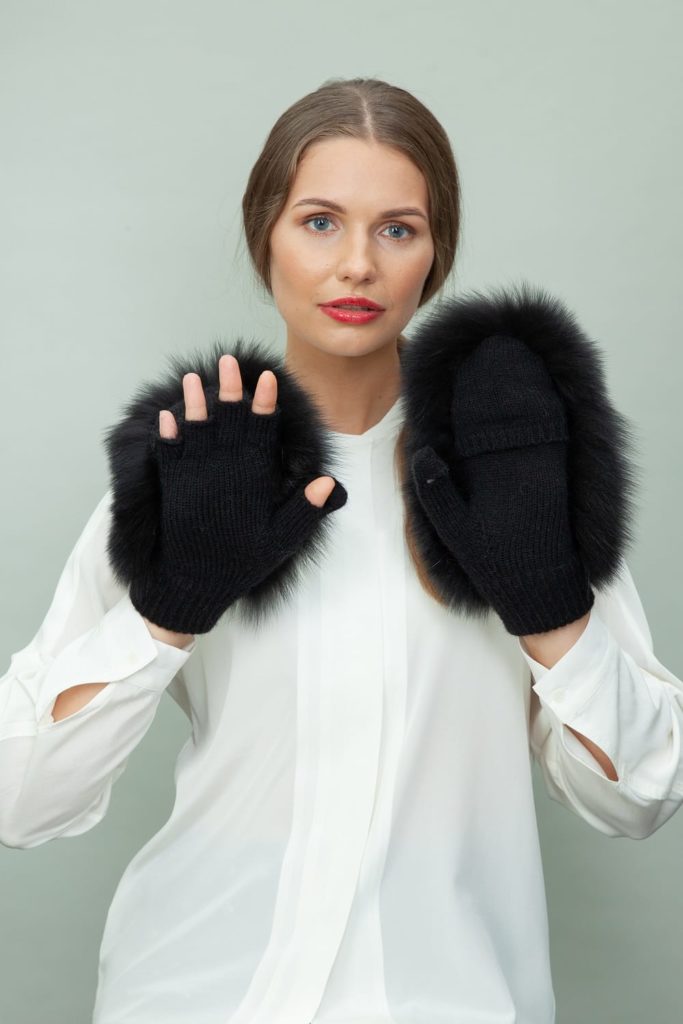 Black Wool Mittens with Fox Fur | Handmade by NordFur