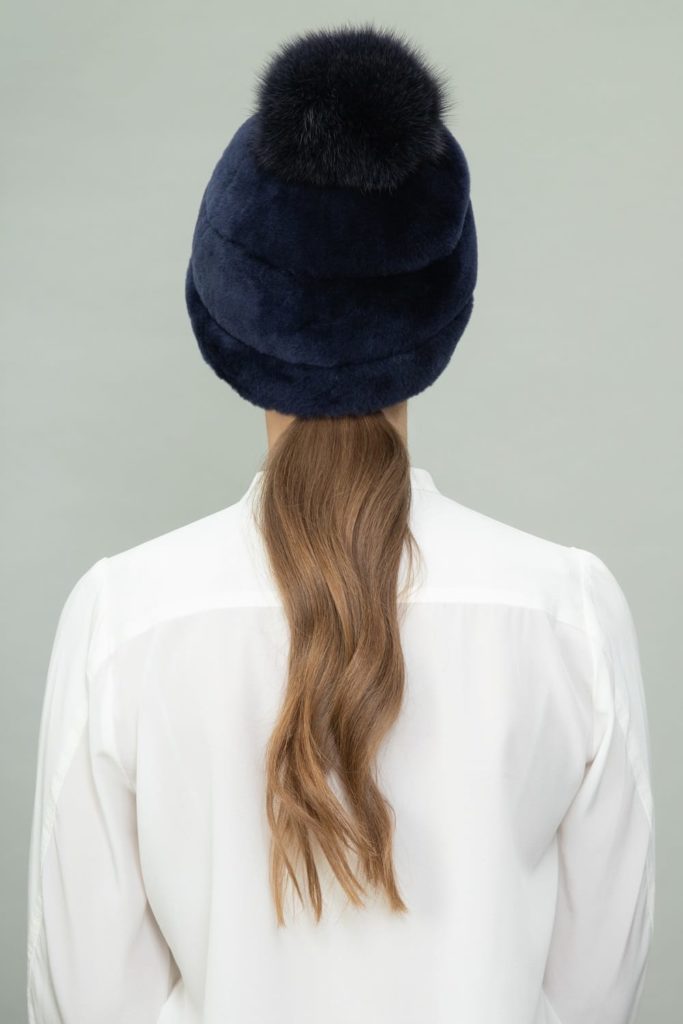 Dark Blue Mouton Fur Hat with Fox Fur Pom-Pom | Handmade by NordFur