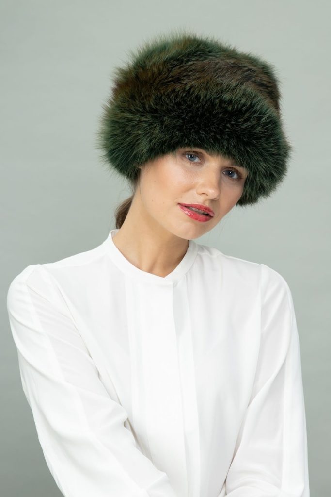 Dark Green Fox Fur Hat in Full Round Style | Handmade by NordFur